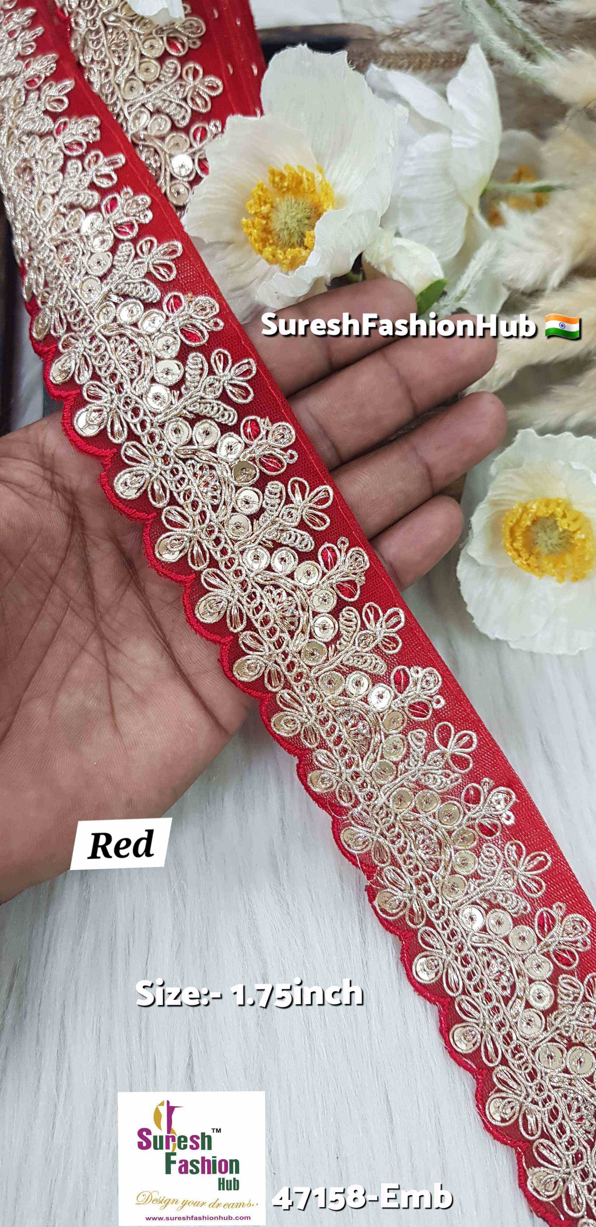 Red Pearl Embroidery Scalloped Lace