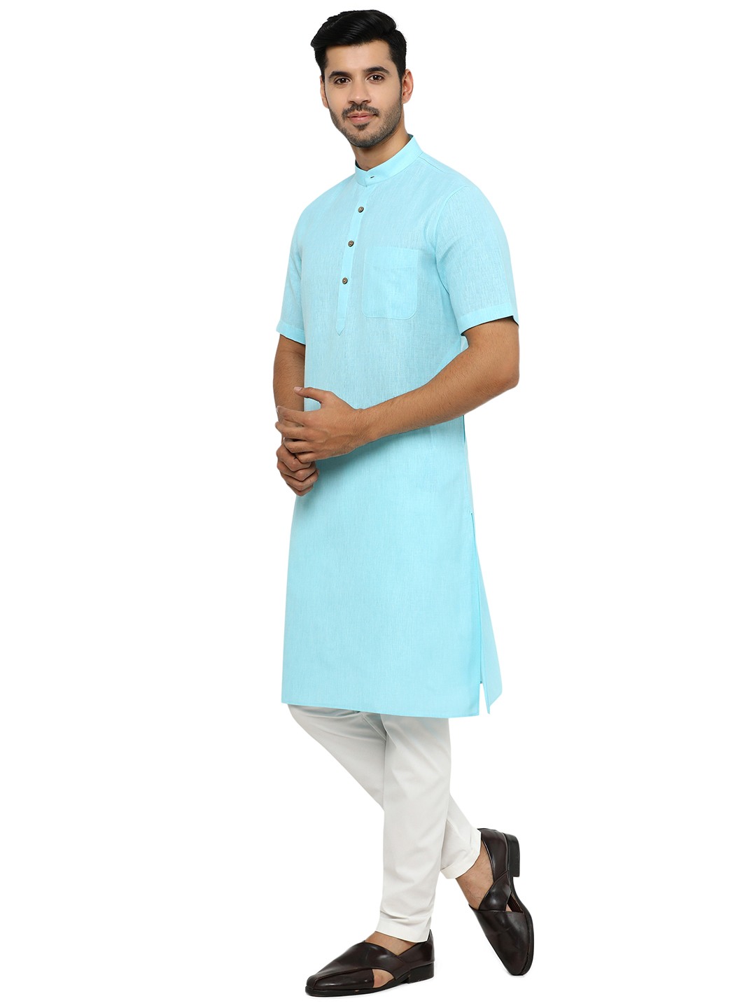 Sky Blue Self Textured Regular Fit Modi Kurta | JadeBlue