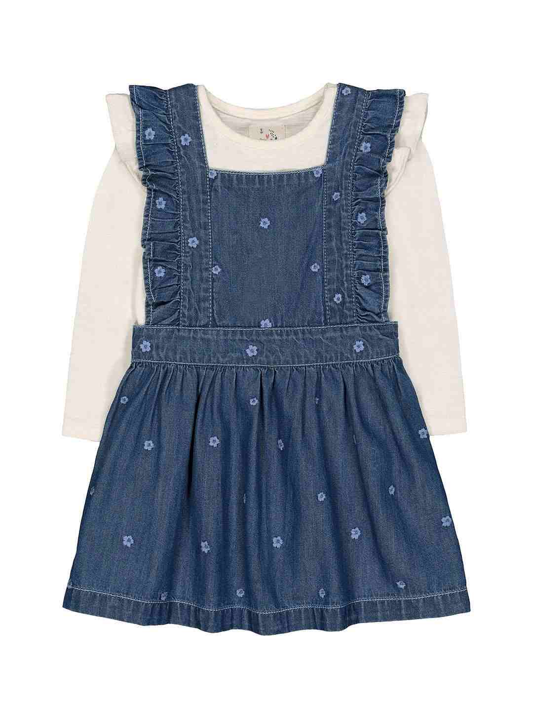 Denim Floral Pinny and Cream Frill T-Shirt Set