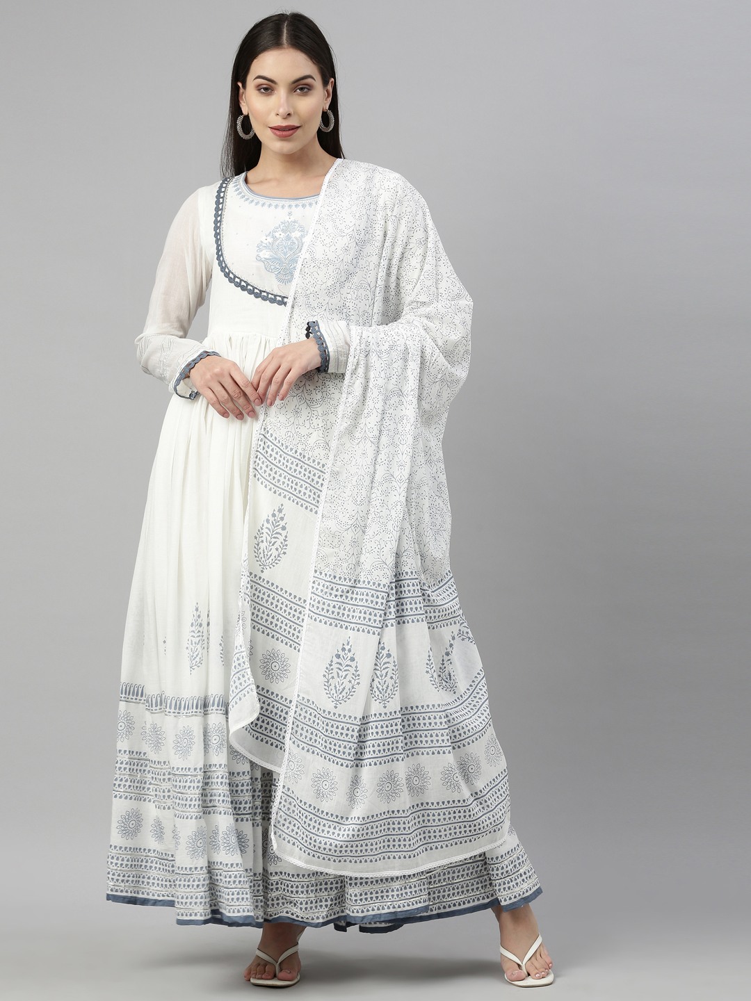 Neerus Blue Floral Yoke Design A-Line Tiered Kurtas With Dupatta