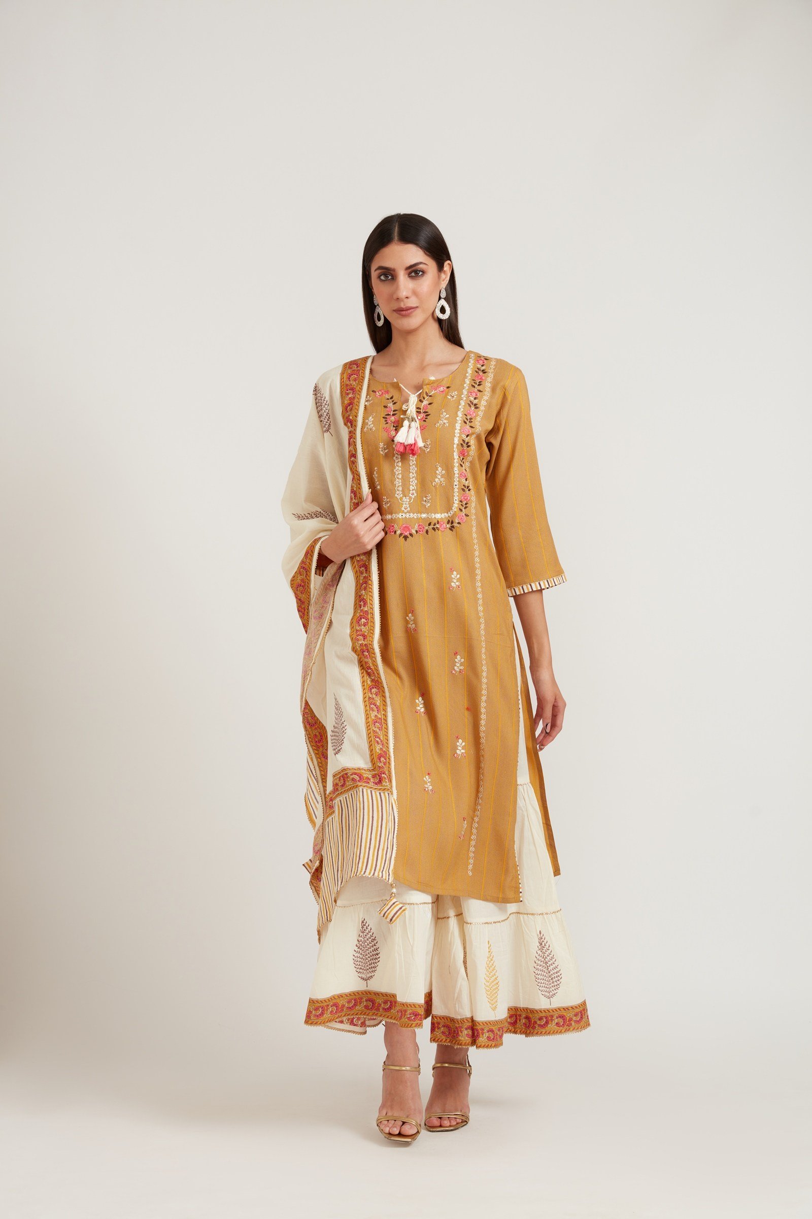 Neerus GOLD Floral Embroidered Straight Kurta Sets With Dupatta