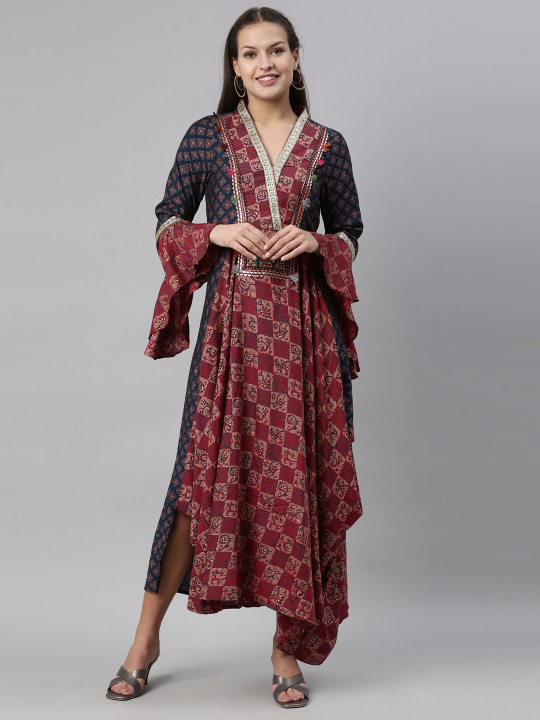 Neerus NAVY BLUE Ethnic Motifs Printed A-Line Panelled Kurtas