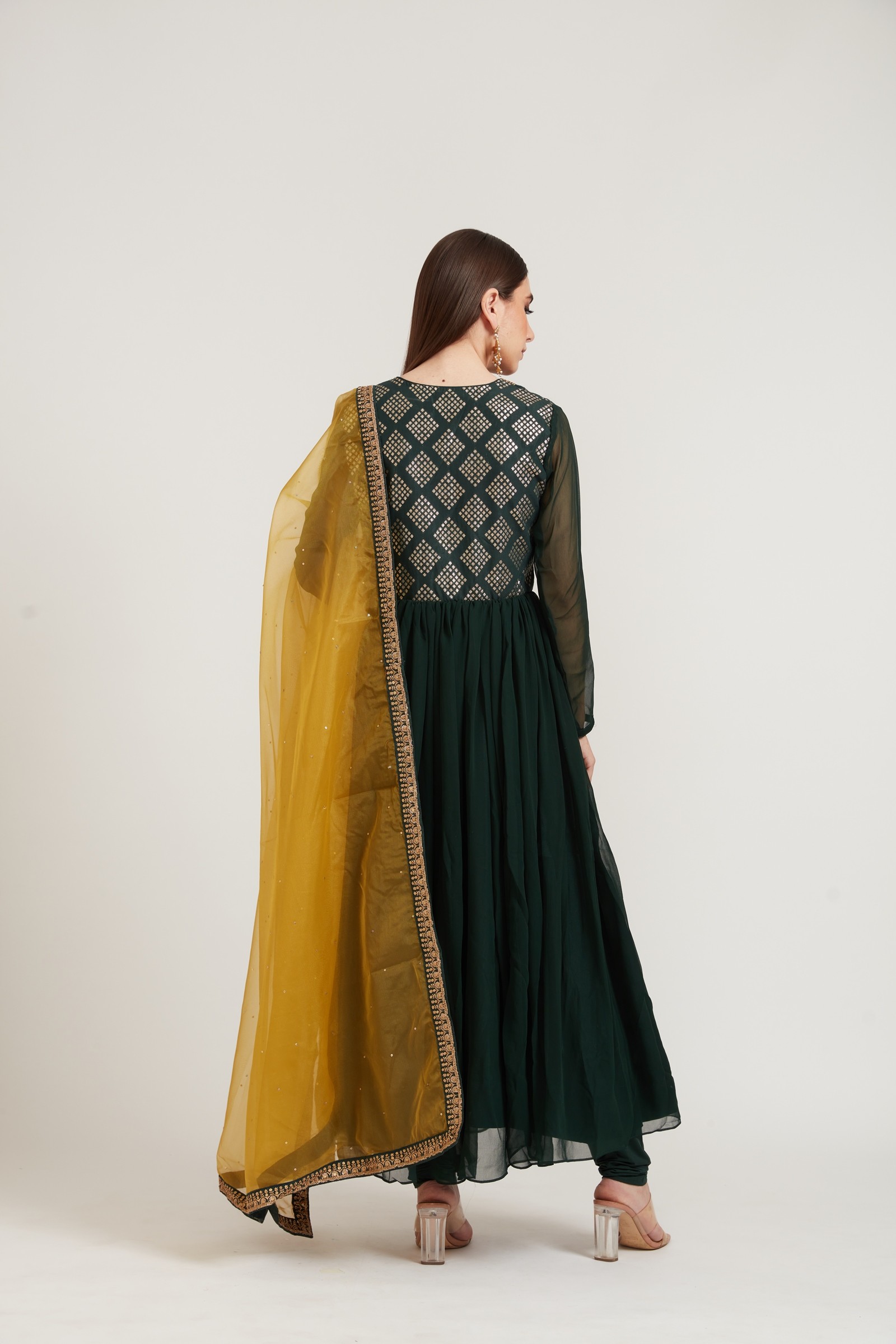 Neerus BOTTLE GREEN Ethnic Motifs Yoke Design Anarkali Kurta Sets With ...