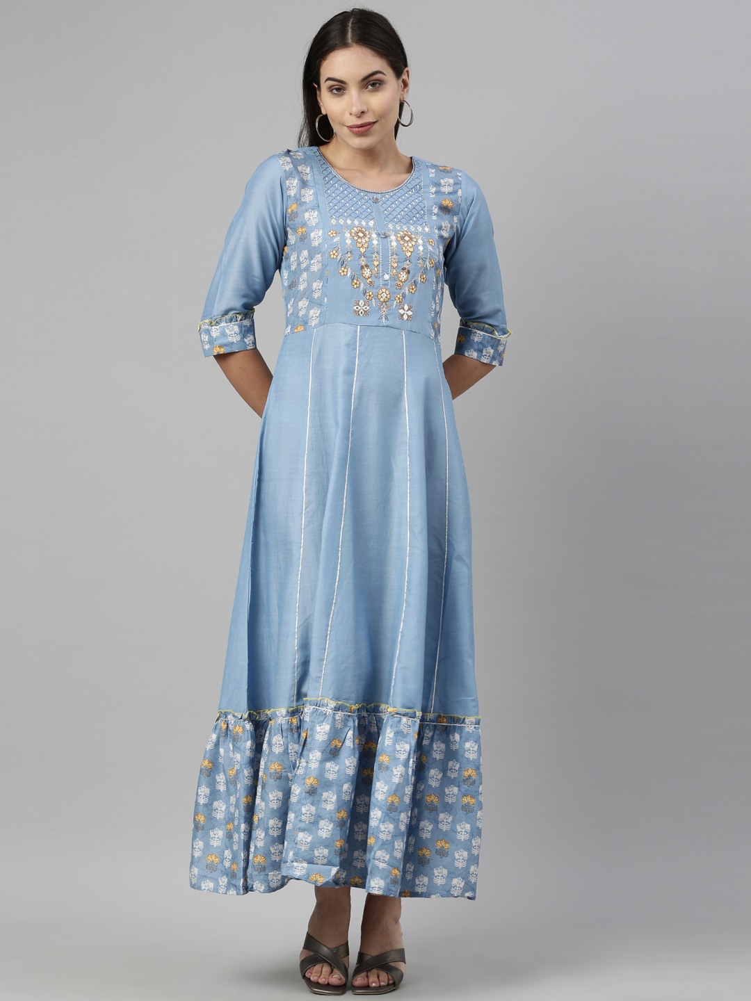 Neerus Turquoise Blue Floral Yoke Design A-Line Panelled Kurtas