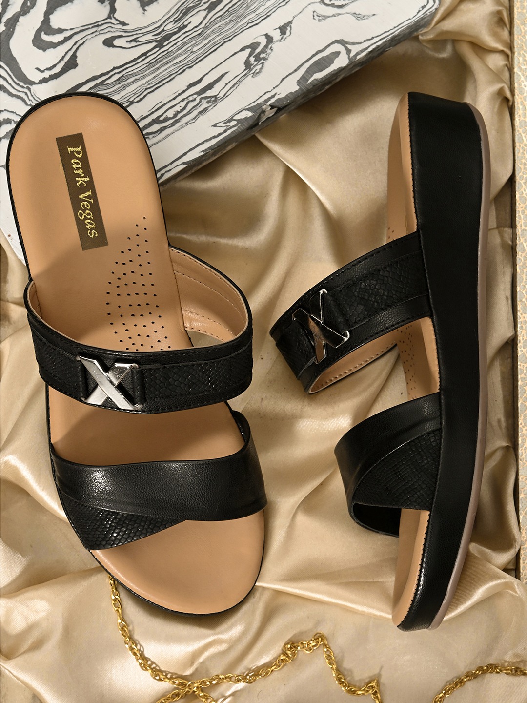 Park Vegas Black Polyurethane (PU) Open Back Sandals For Women