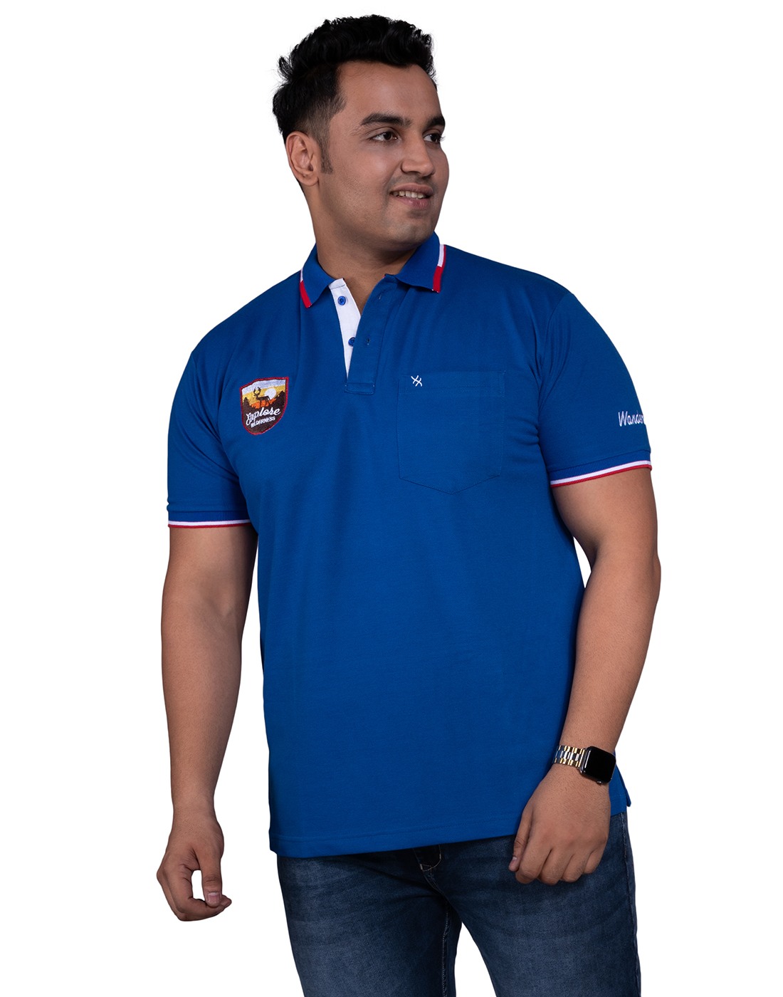 Xmex Men's Plus Size solid with Explore Applique Polo Collar T-shirt