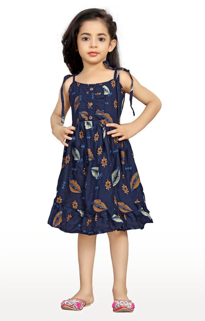Girls Navy Rayon Printed Frocks