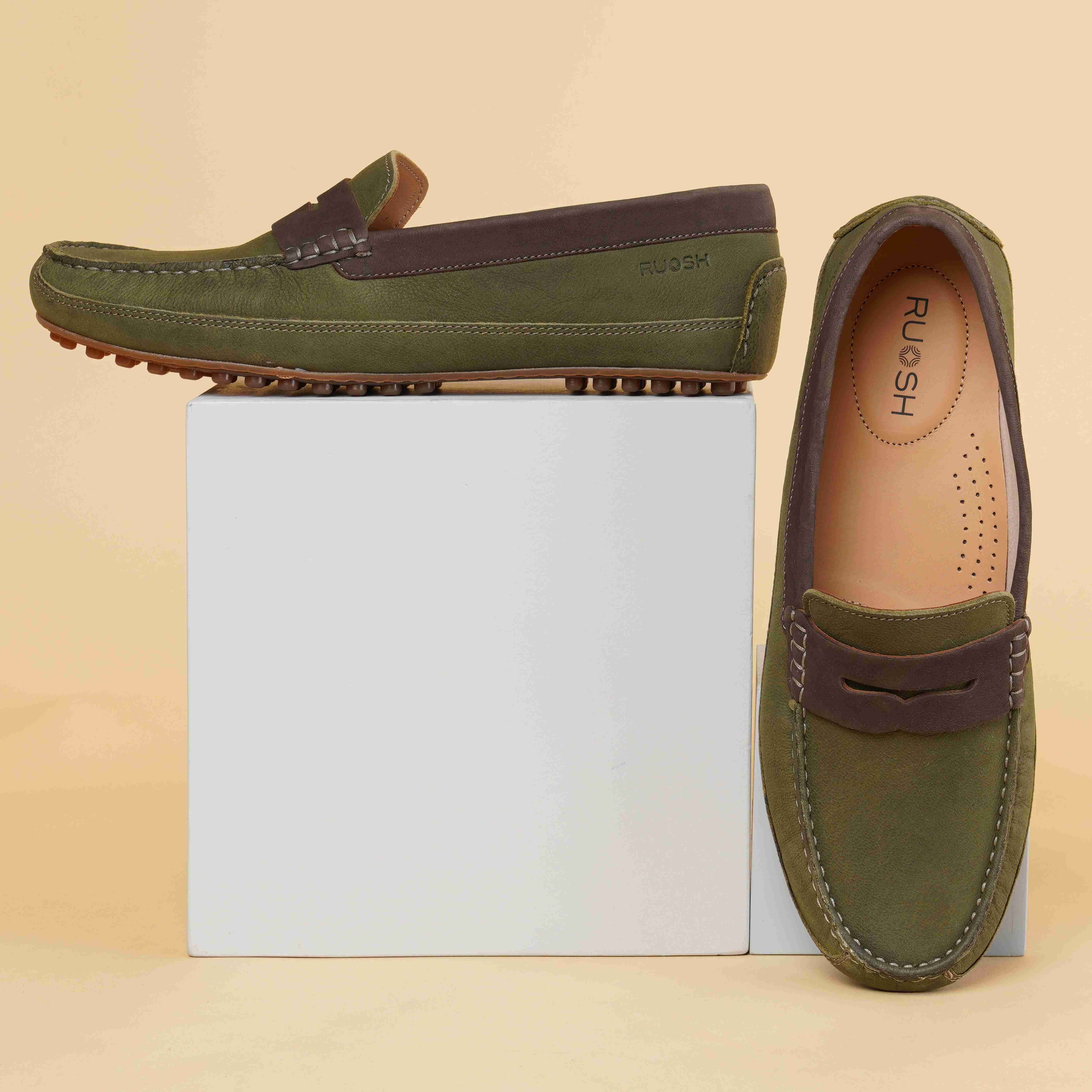 The Oman Ruosh Men Olive Green Nubuck Penny Loafer | RUOSH