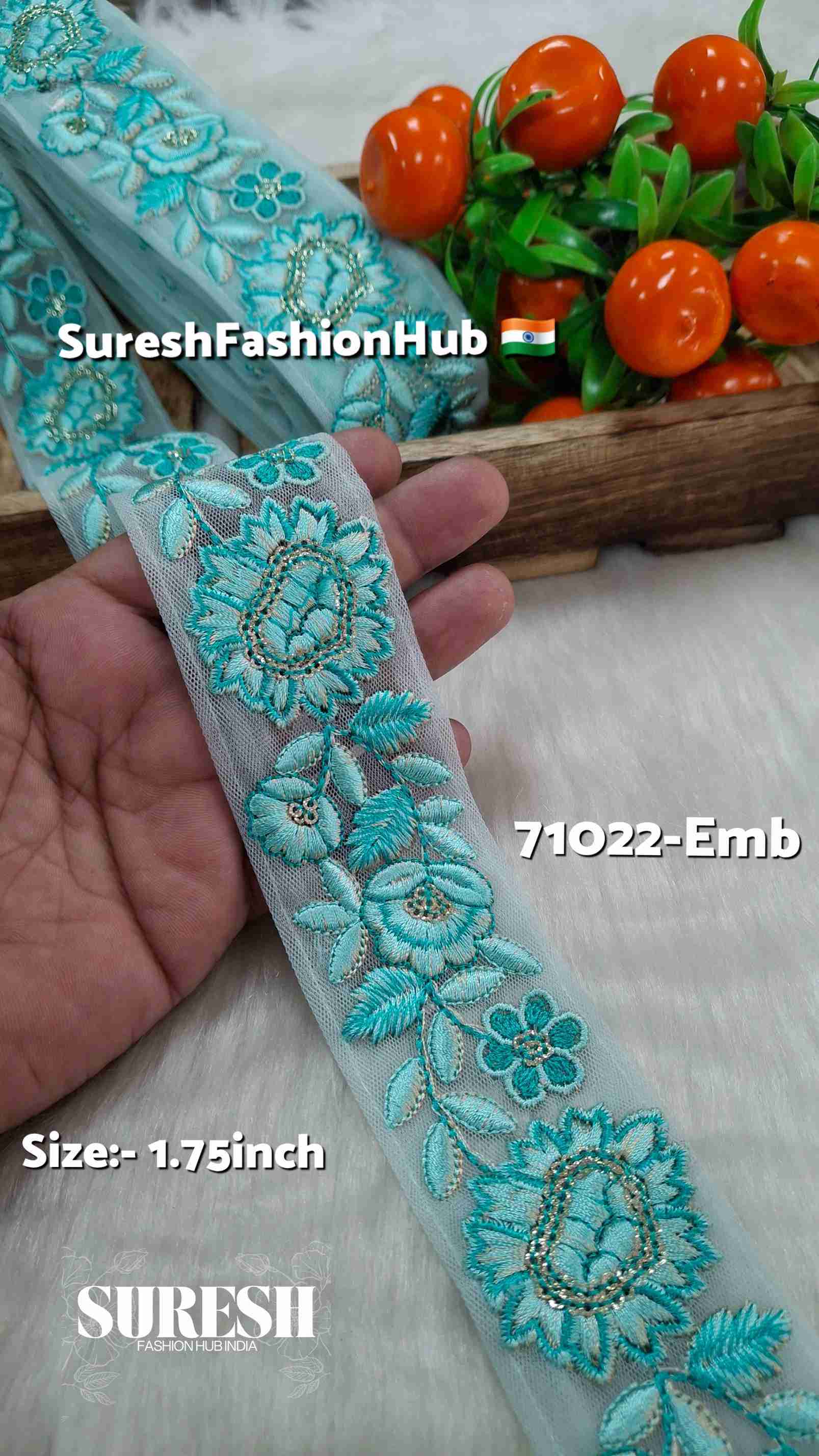 Sky Blue Floral Thread Sequence Net Border – 71022-Emb