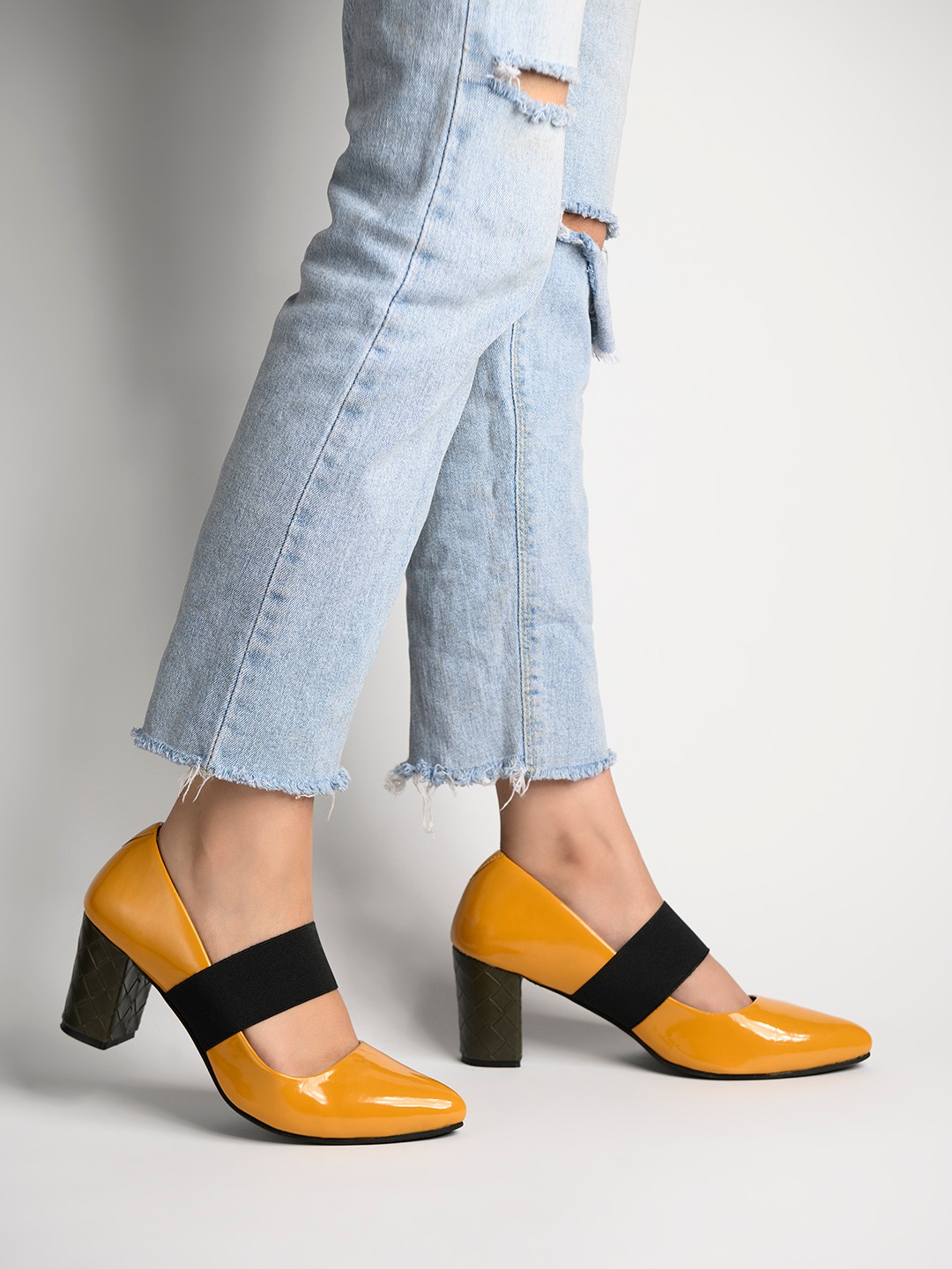 Shoetopia Yellow Colourblocked Block Pumps