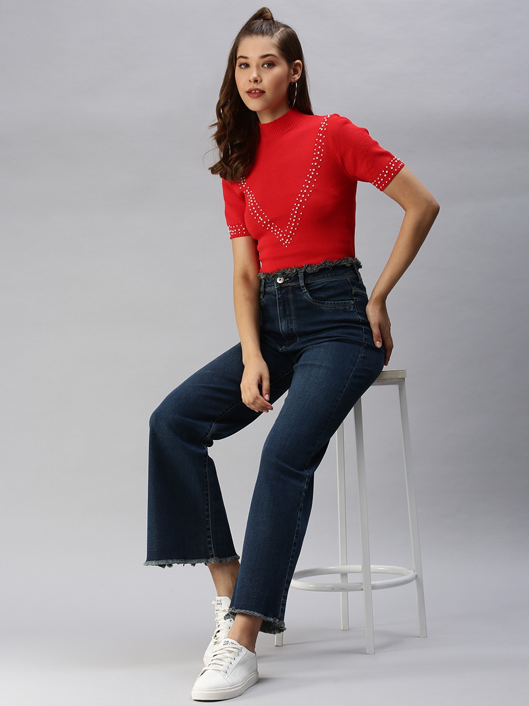 SHOWOFF Women Red Solid High Neck Short Sleeves Regular Fitted Top