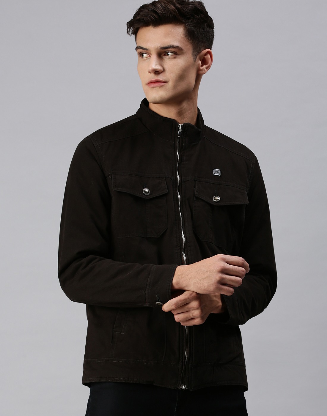 SHOWOFF Men Black Solid Classic Collar Full Sleeves Slim Fit Mid Length ...