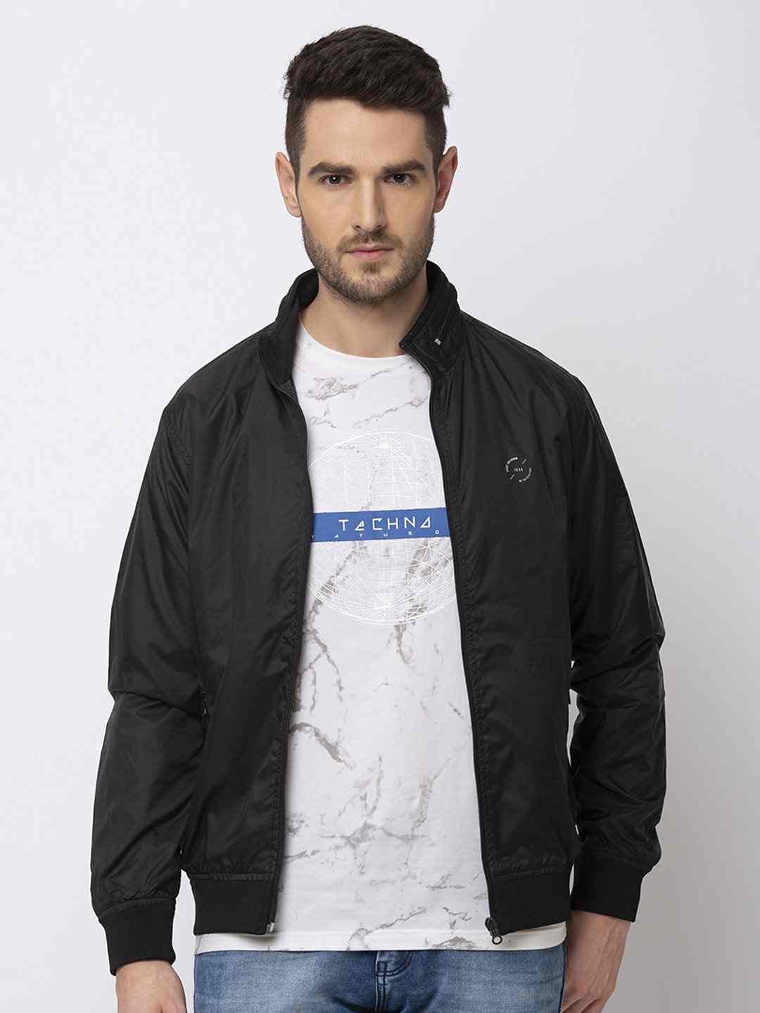 Men's Black Polyester Solid Windcheater