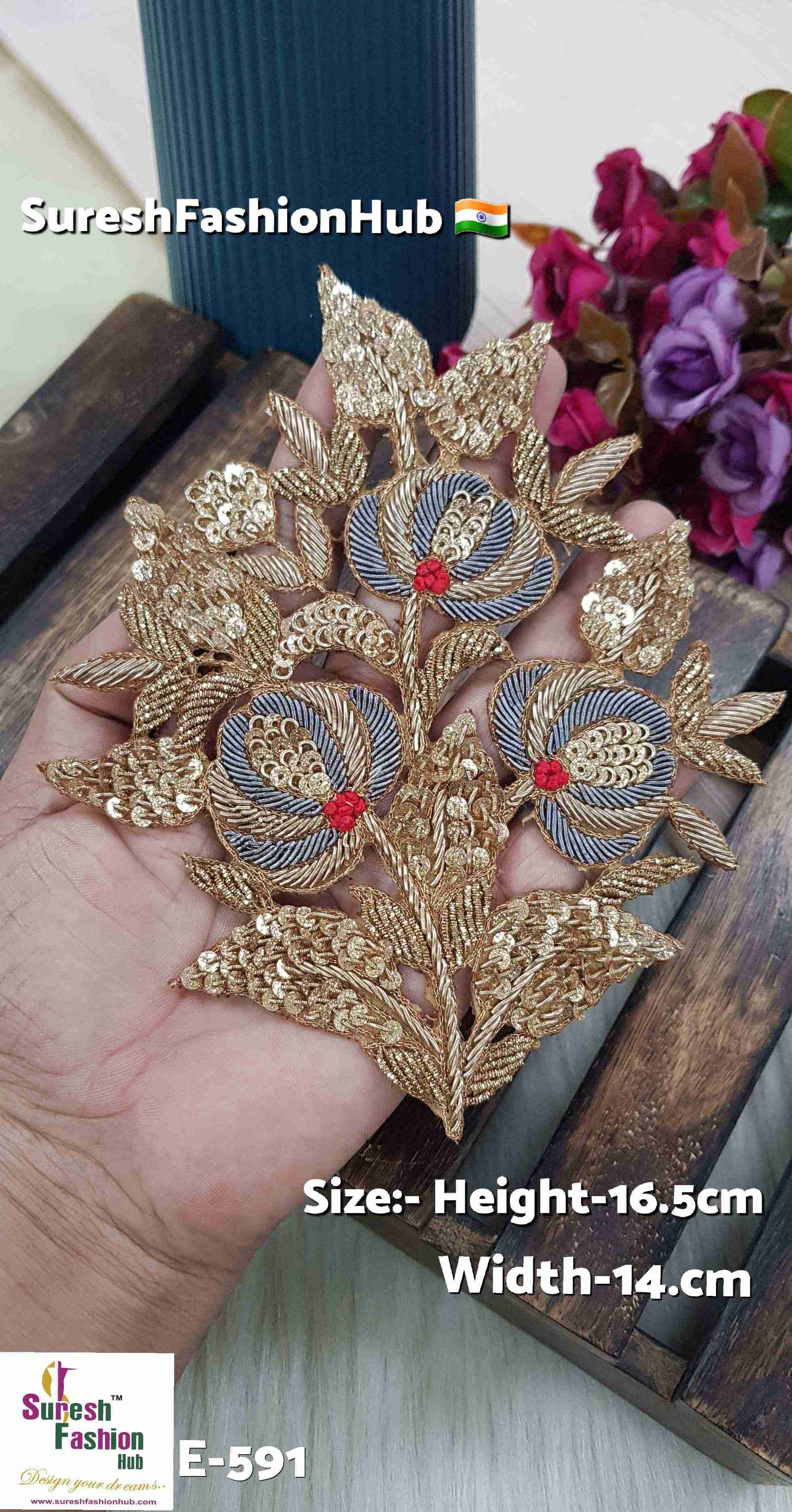 Grey & Red Blossom Cutwork Zardosi Patch