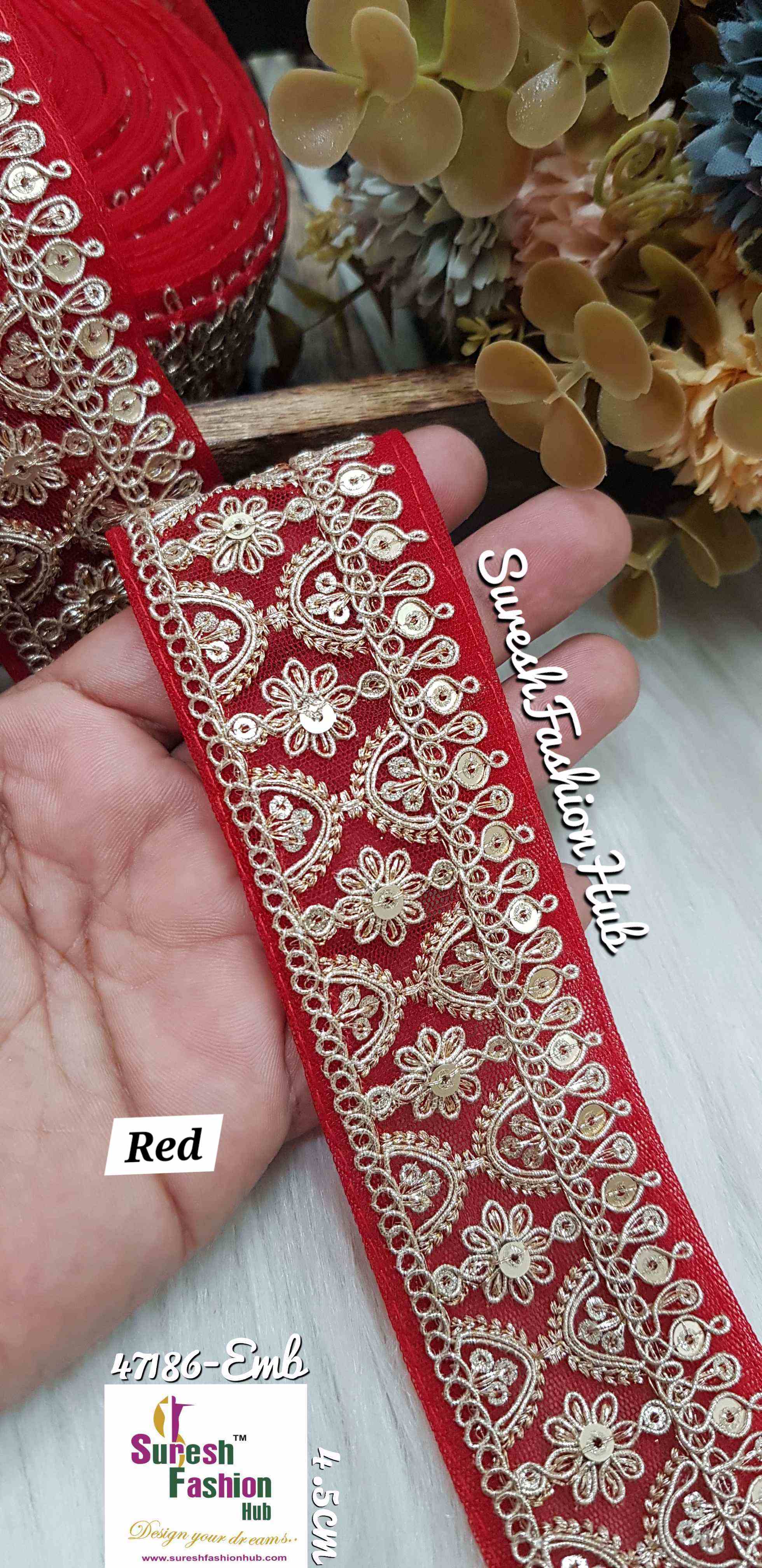 Red Floral Pearl Embroidery Lace