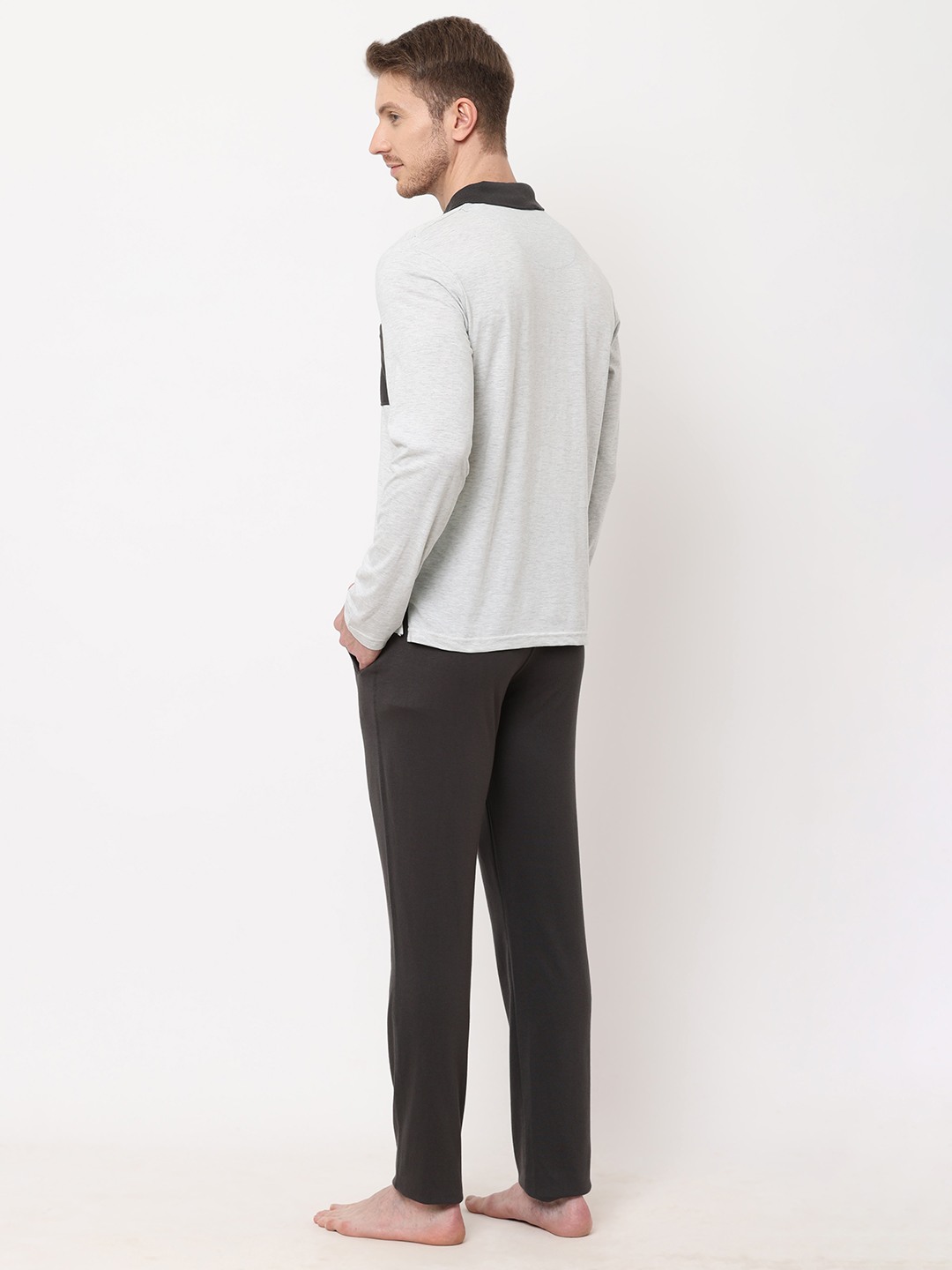 Sweet Dreams Men Ecru Mel Cotton-Poly Solid Night Suits