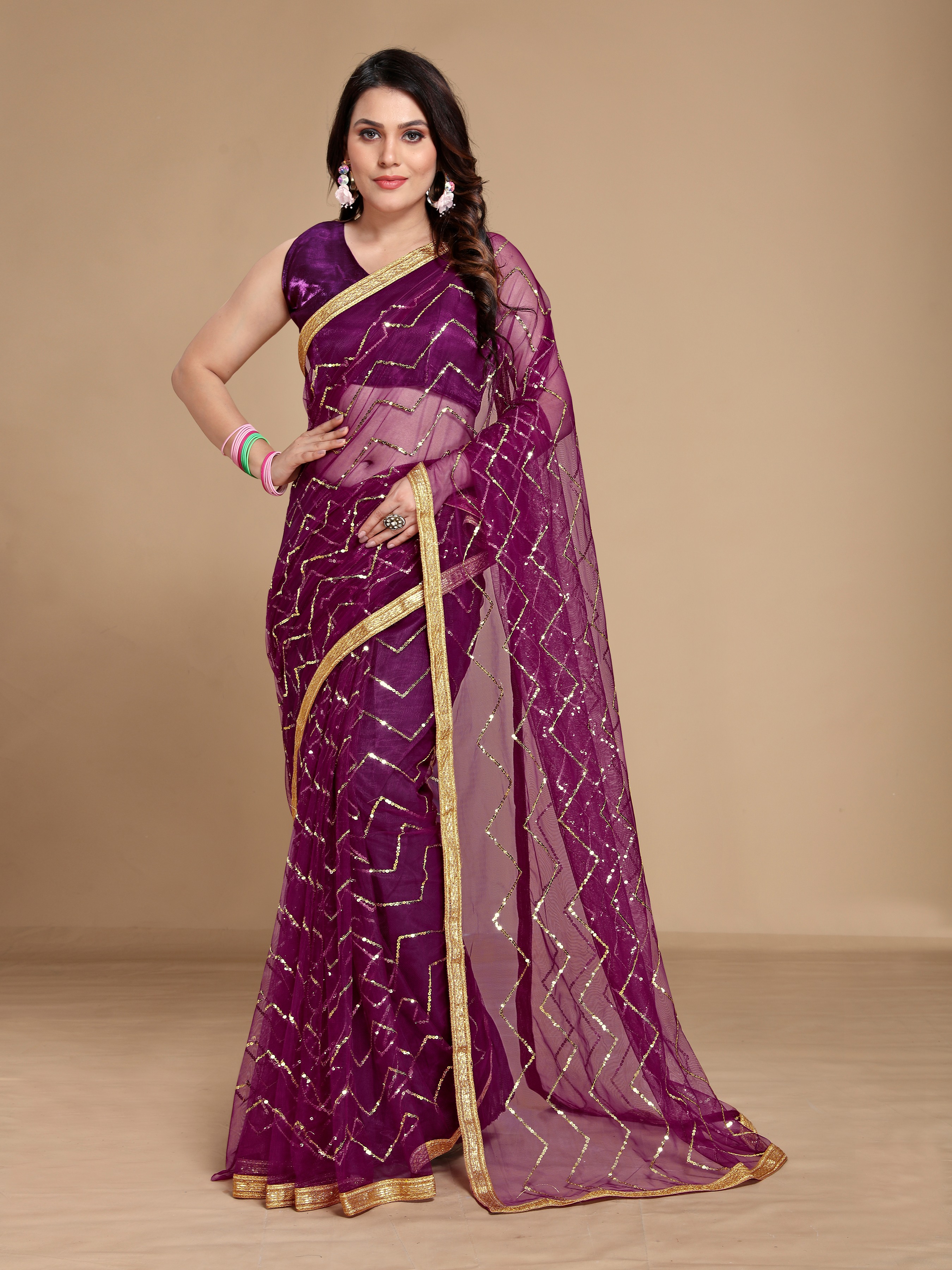 Vairagee Zig Zag Sequence Soft Net Saree With Golden Border