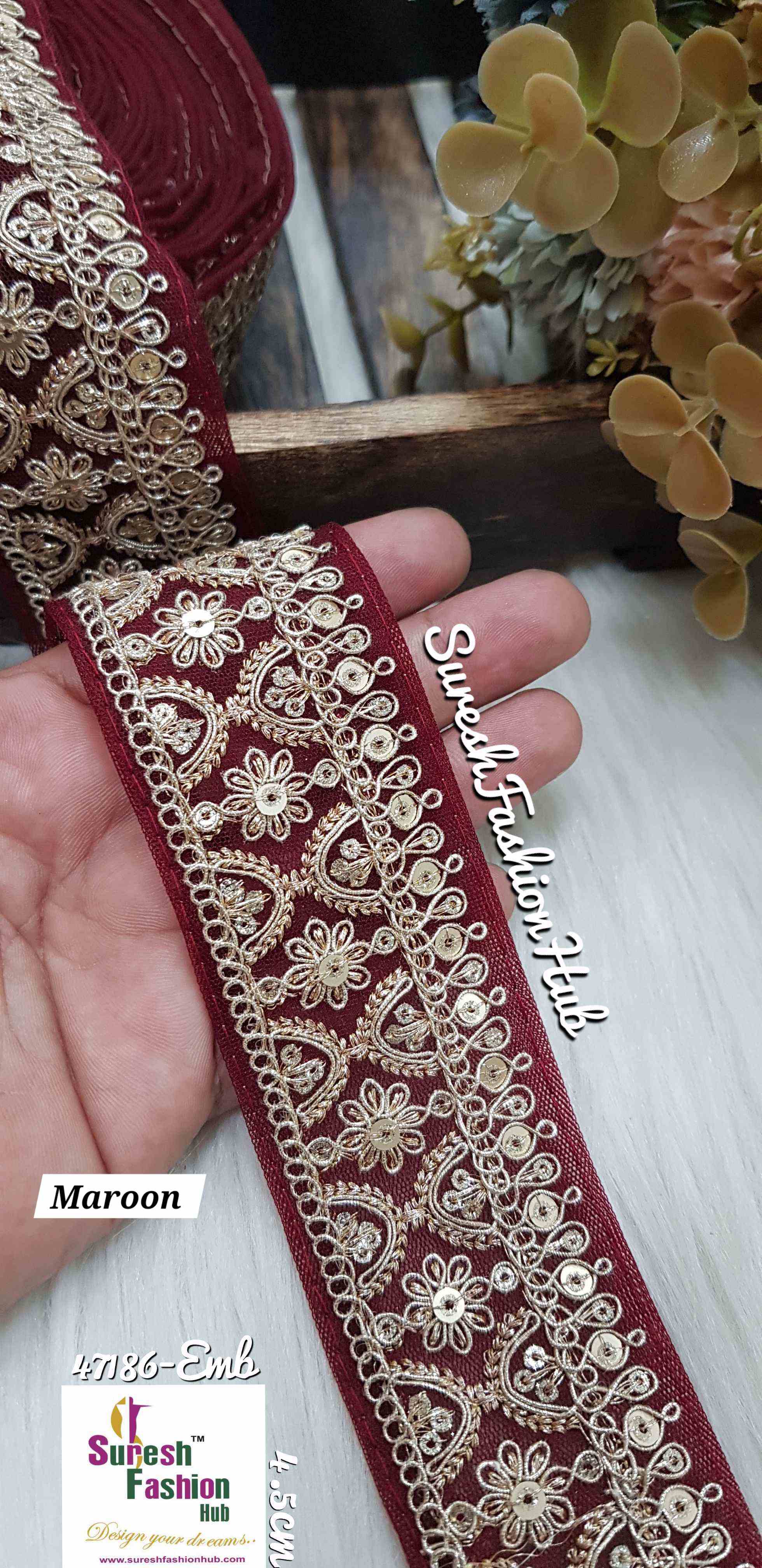 Maroon Floral Pearl Embroidery Lace