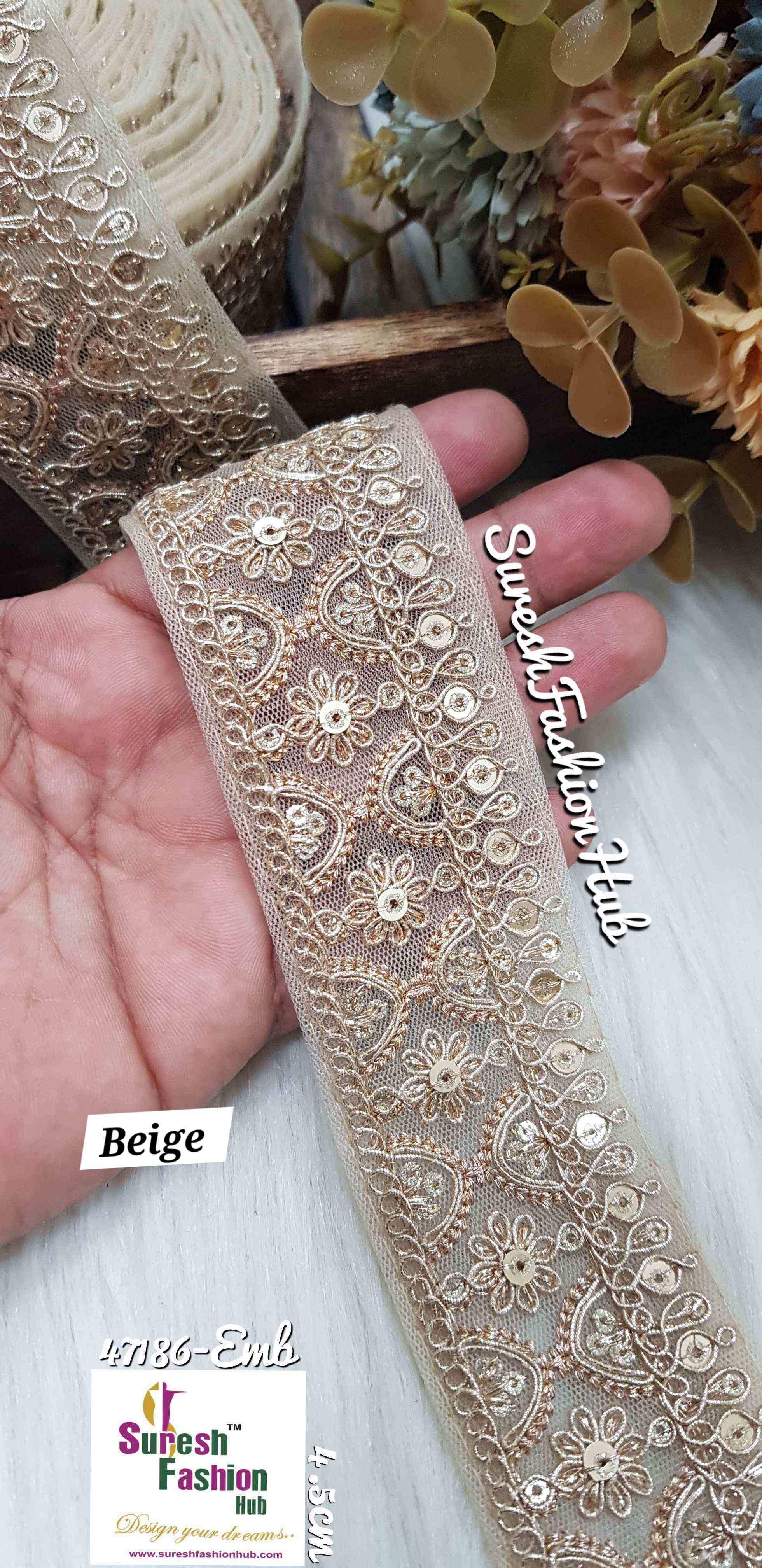 Beige Floral Pearl Embroidery Lace