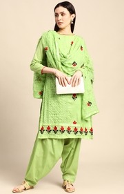 Shaily Women Perrot Green Color Cotton Embroidered With Pearl ...