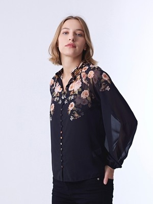 Black Floral collared Top