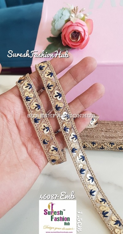 Navy Blue Luminous Gold Zari Sequin Borders