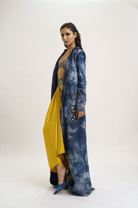 Denim Long Coat with Crop Top & Skirt