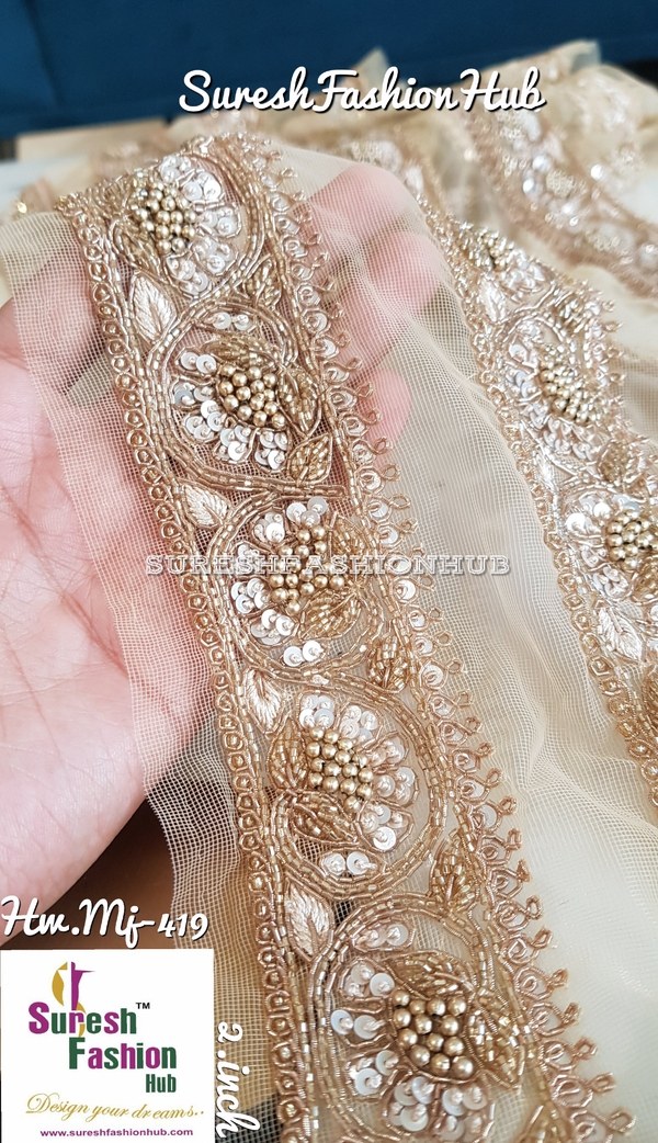 Handmade Decorative Beads & Sequence Embellished Gold Trim