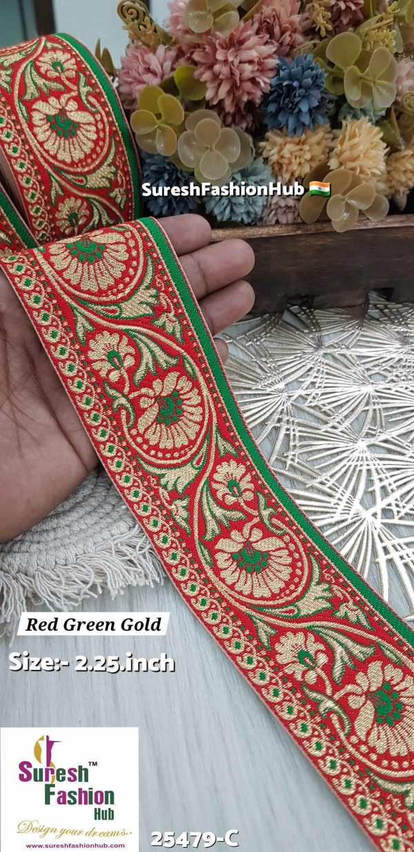 Red Green Gold Regal Banarasi Lace - Luxury Designer Laces | Suresh ...