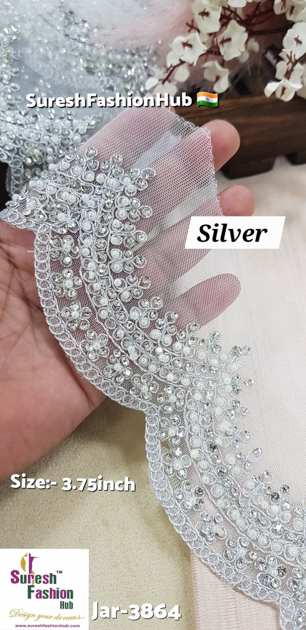 Silver Scalloped Floral Net Lace