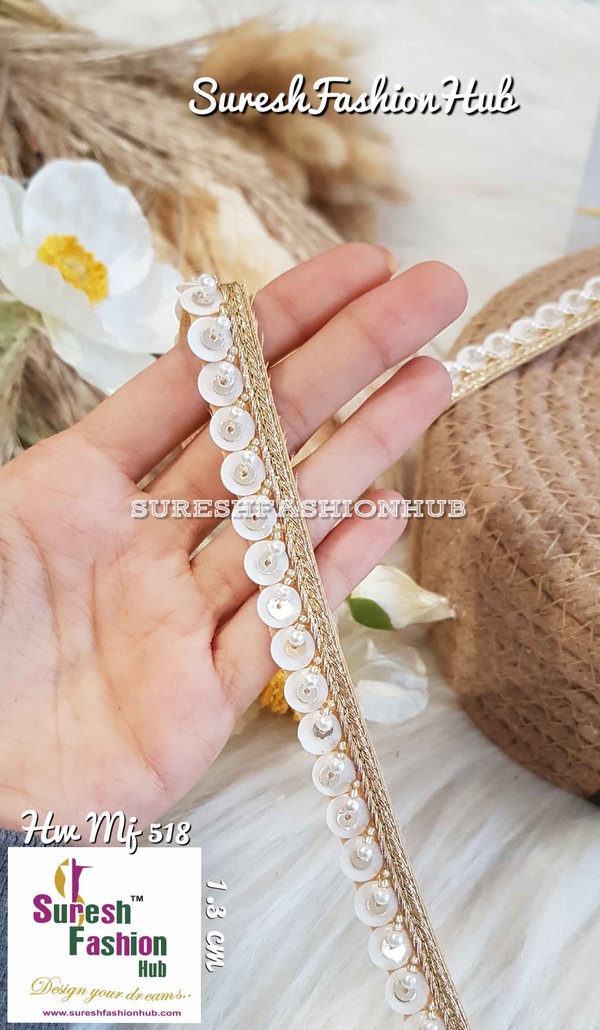 White Sequence Handwork Trim - Designer Laces by Suresh Fashion Hub India.