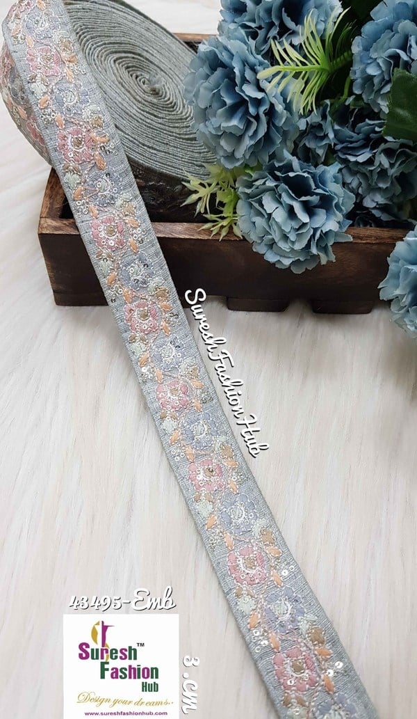 Threaded Flower Bouquet Grey Fabric Sequin Edging Embroidered Trim