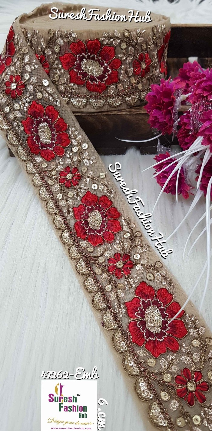 Red Antique Scalloped Floral Lace 47262