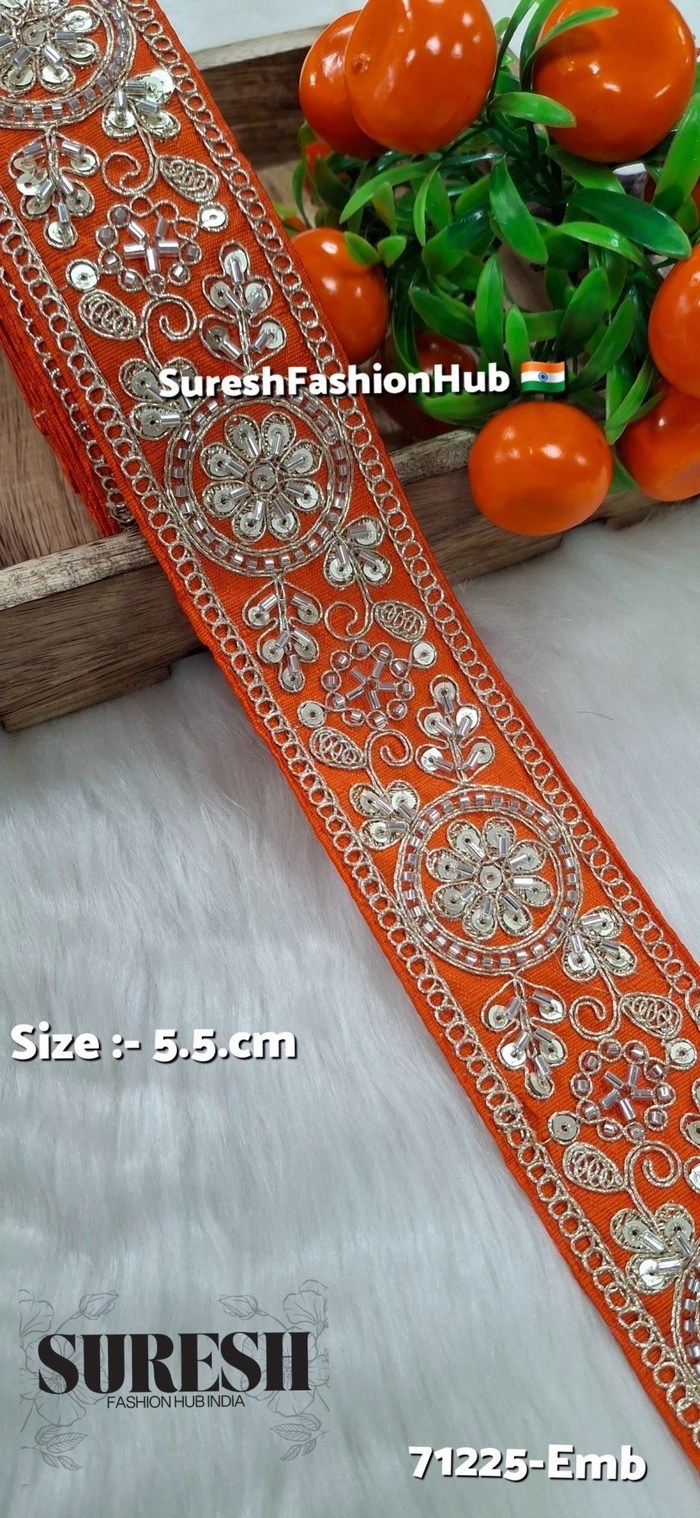 Orange Floral Cutdana Bead Embroidery Lace – Design No. 71225-Emb